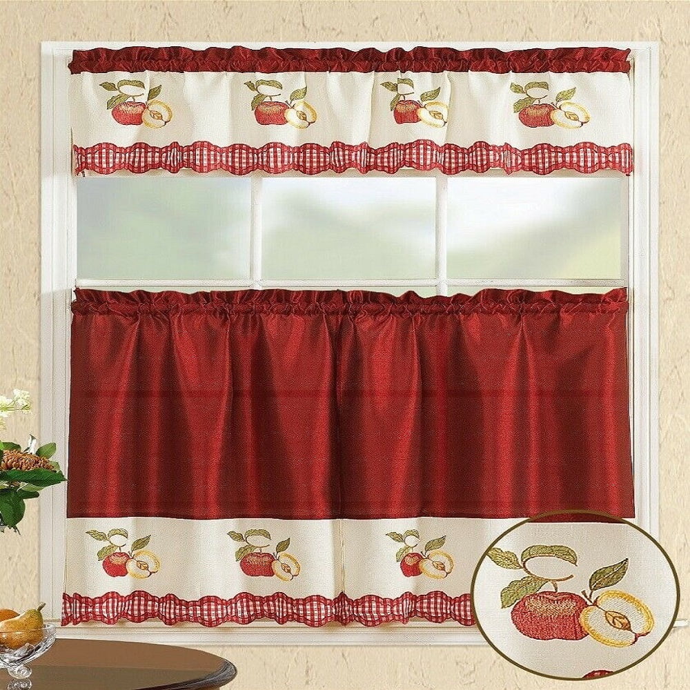 3 Pcs Embroidered Red Apple Straight Valance Kitchen Curtain Set ...