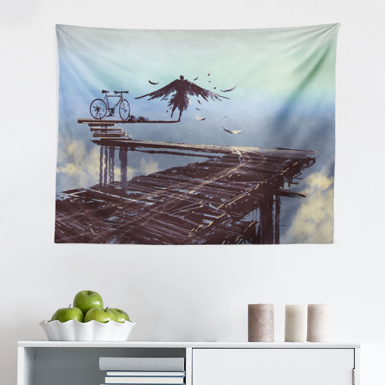 Fantasy World Tapestry, Spaceship on Background of Waterfall Lighthouse ...
