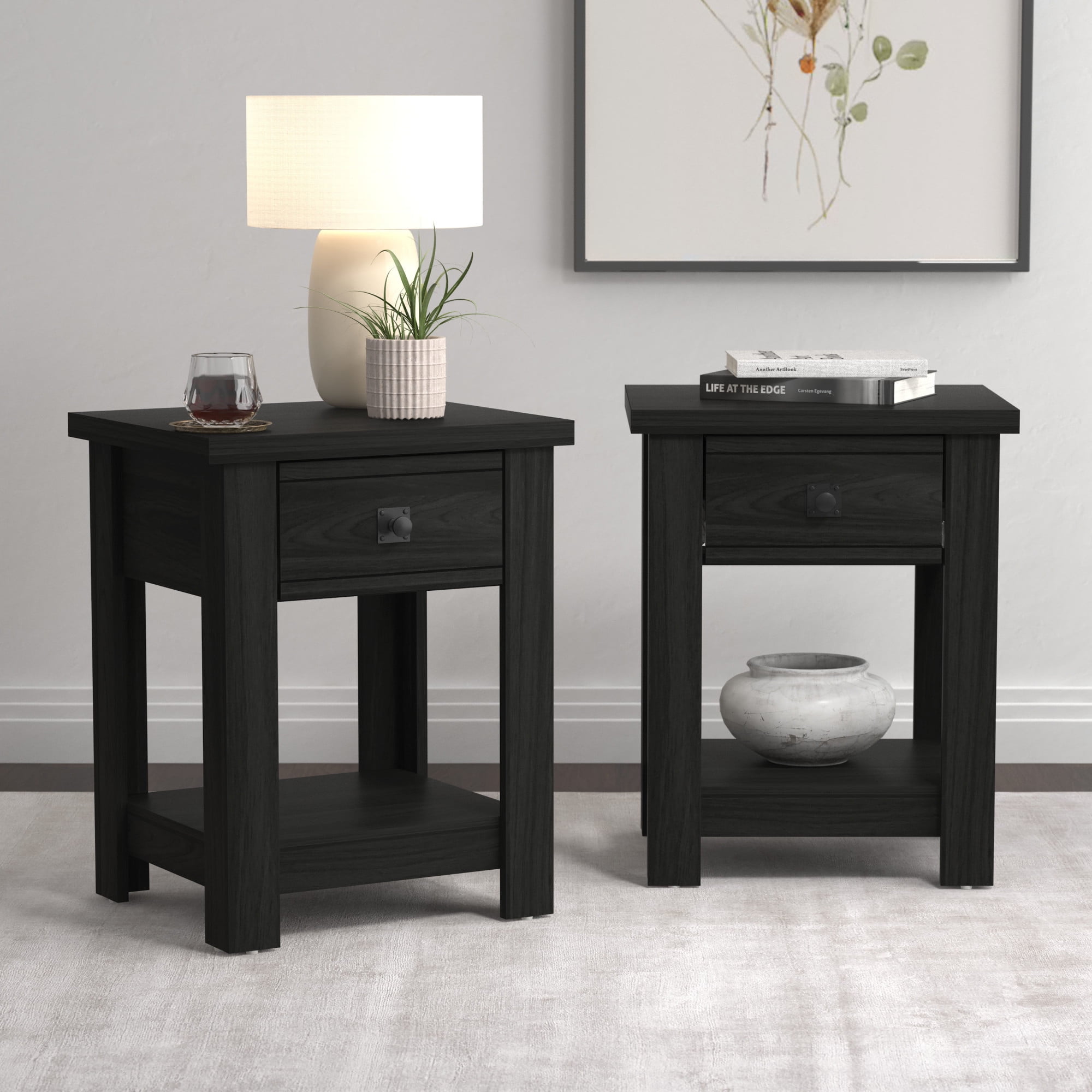 Hillsdale Addison Farmhouse 1 Drawer Nightstand, Set of 2, Black Oak ...