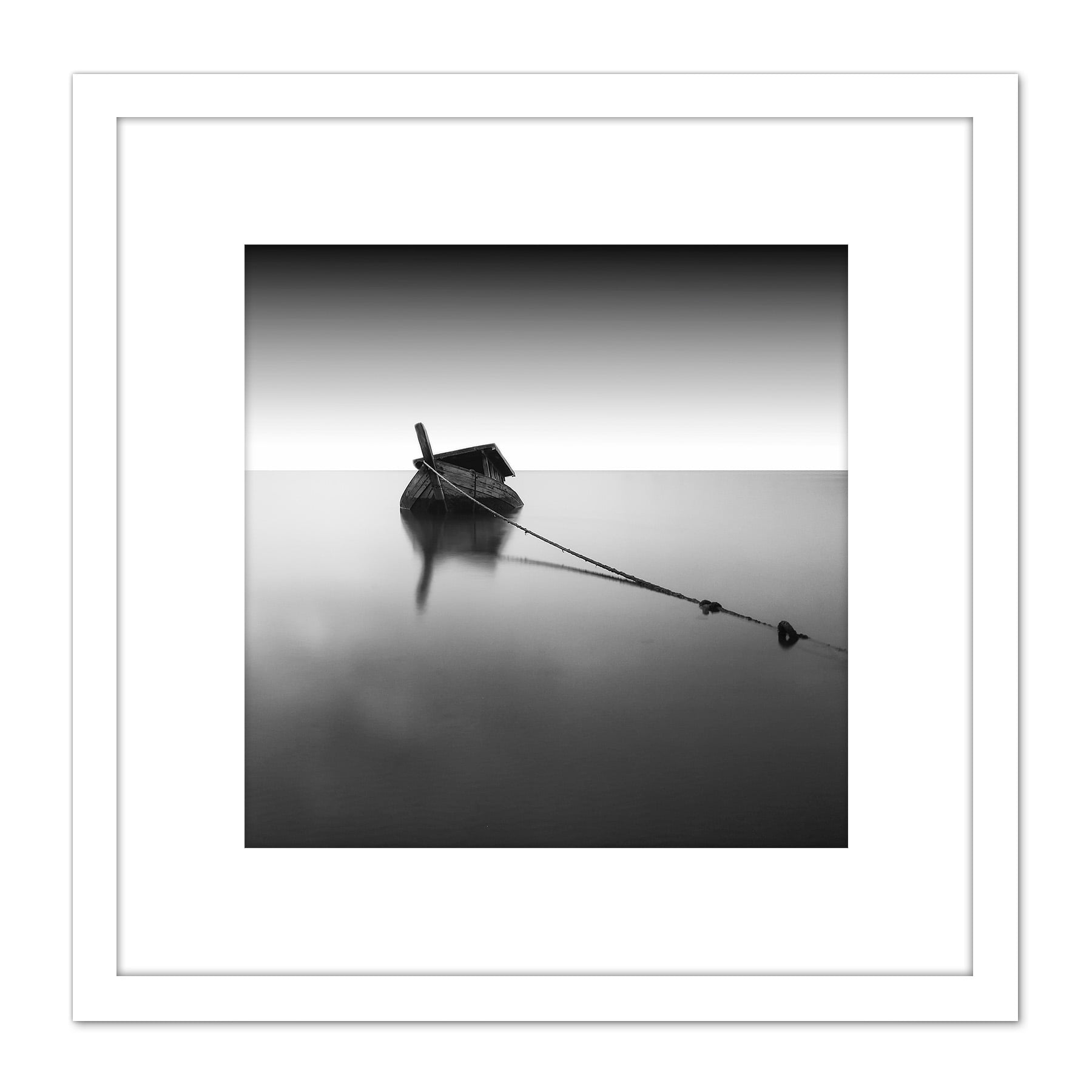 Sunken Boat Sea Black White Photo 8X8 Inch Square Wooden Framed Wall ...