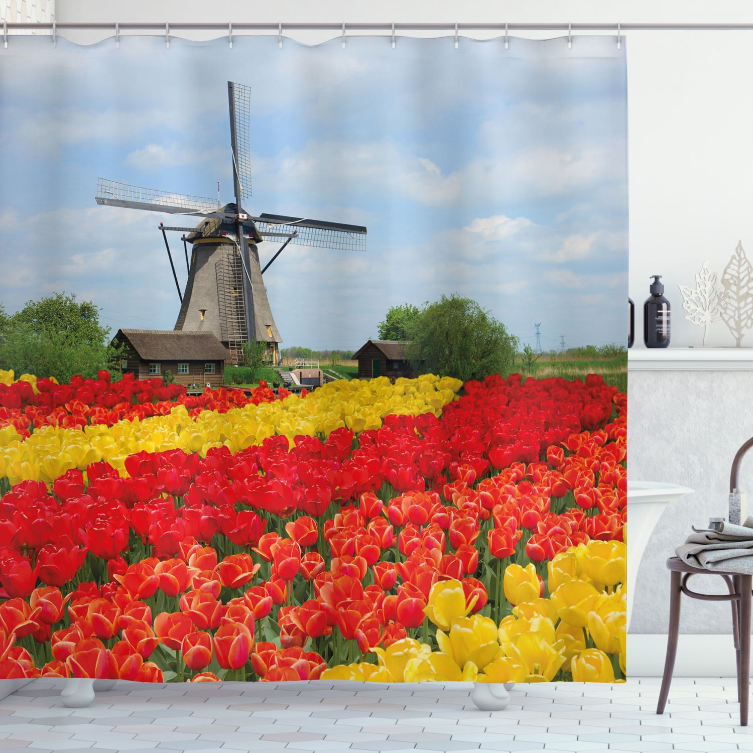 Ambesonne Windmill Shower Curtain, Northern Europe Garden, 69"Wx70"L ...