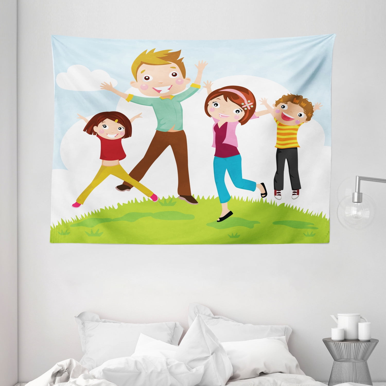 Family Tapestry, Family Jumping on Grass at the Park Spring Mom Dad and ...