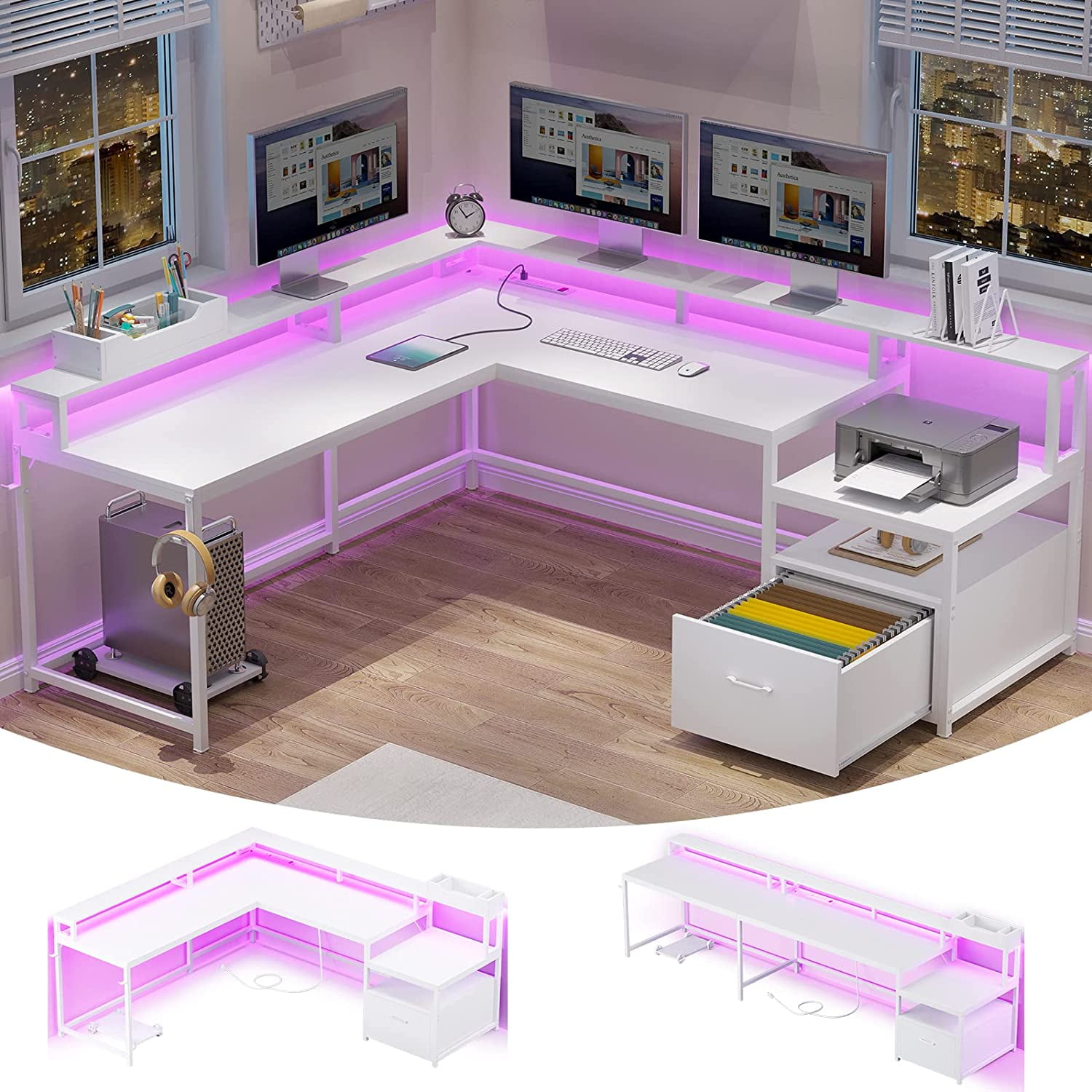 ADORNEVE L Shape Desk with LED Lights, Corner Computer Desk with File ...