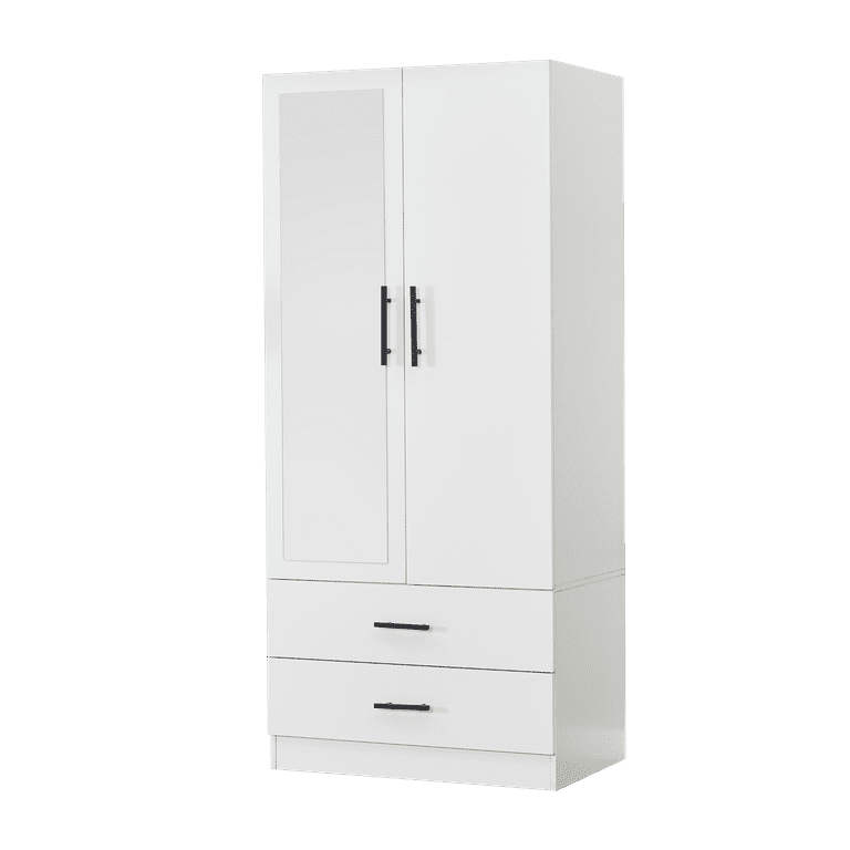 Modmakers 2 Door Wardrobe Armoire Closet with Mirror Freestanding Wood Armoire Wardrobe Closet Storage with 2 Drawers Hanging Robs White Size