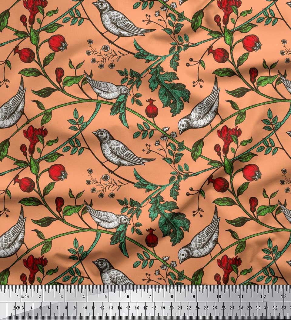 Soimoi Japan Crepe Satin Fabric Bird & Leaf Bird Print Fabric by the ...