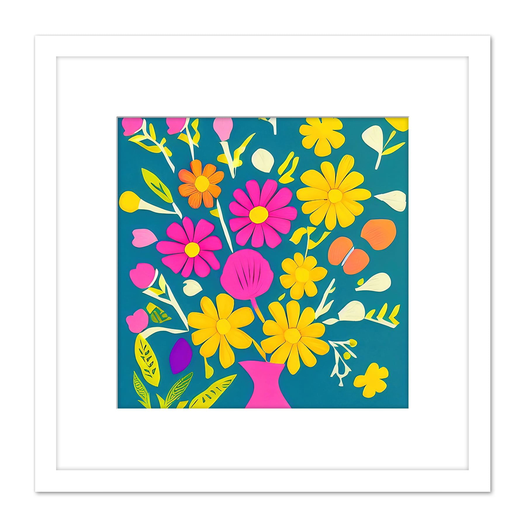 Abstract Bouquet Pink Yellow Daisy Flowers On Ocean Blue Square Wooden ...