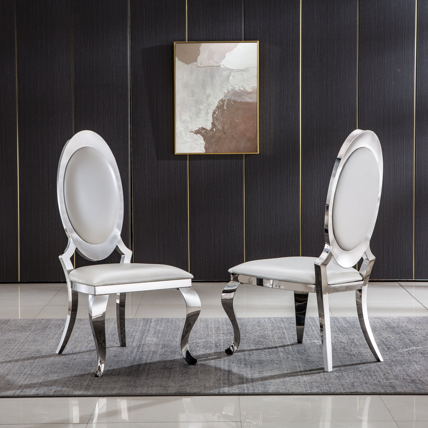 Leatherette Dining Chair with Oval Backrest Set of 2, Stainless Steel ...