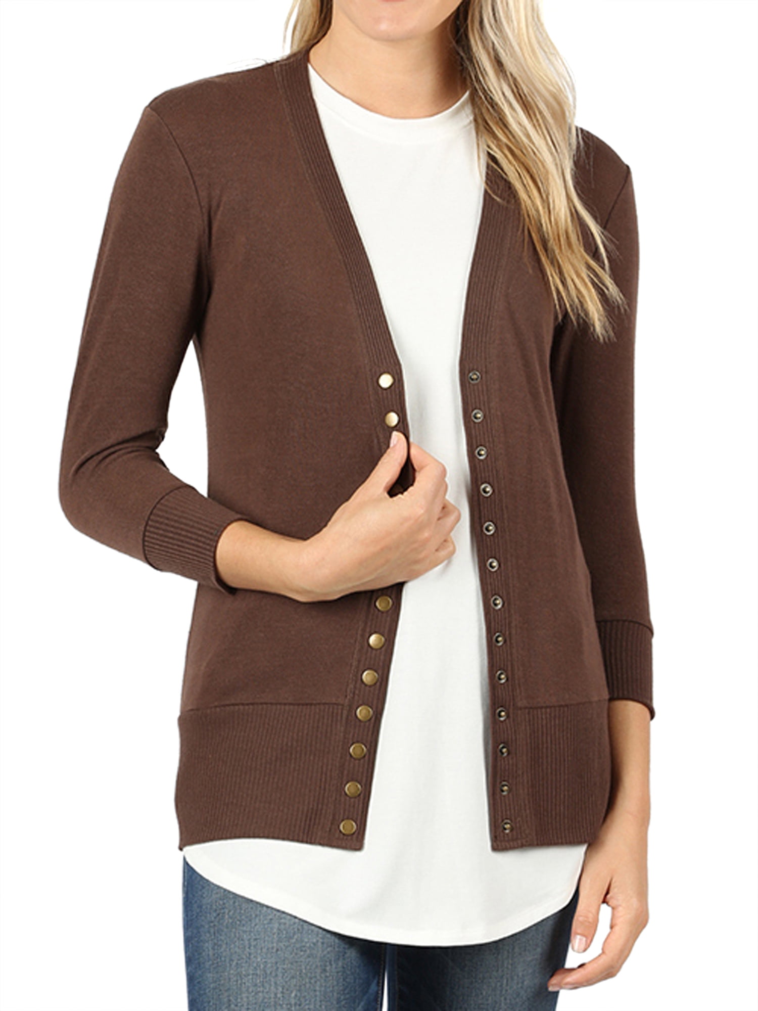 Women Classic Thin Snap Button Front V-Neck Button Down 3/4 Sleeve ...