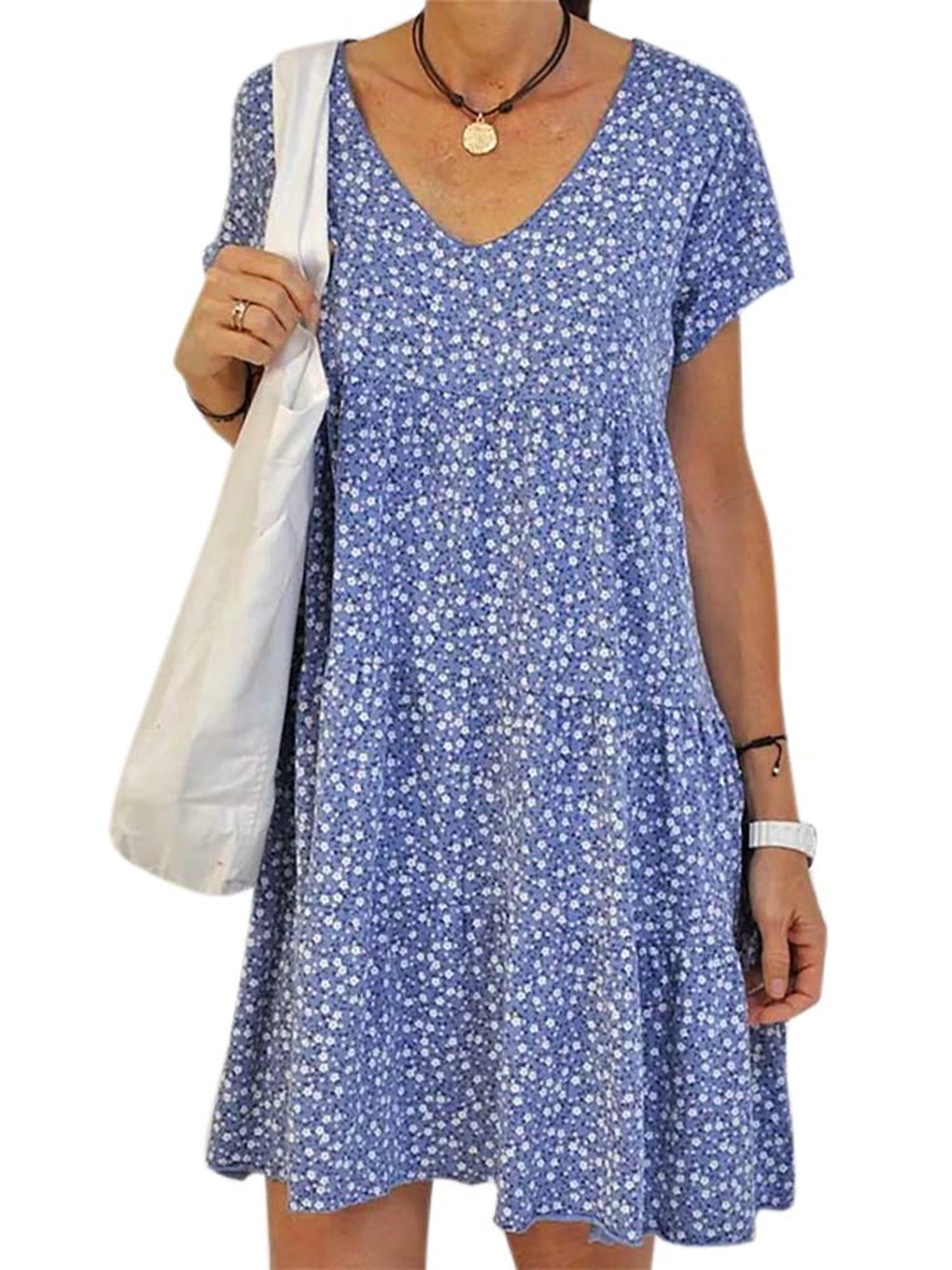 Womens Plus Size Boho Short Sleeve Floral Dress Casual Loose Beach Mini