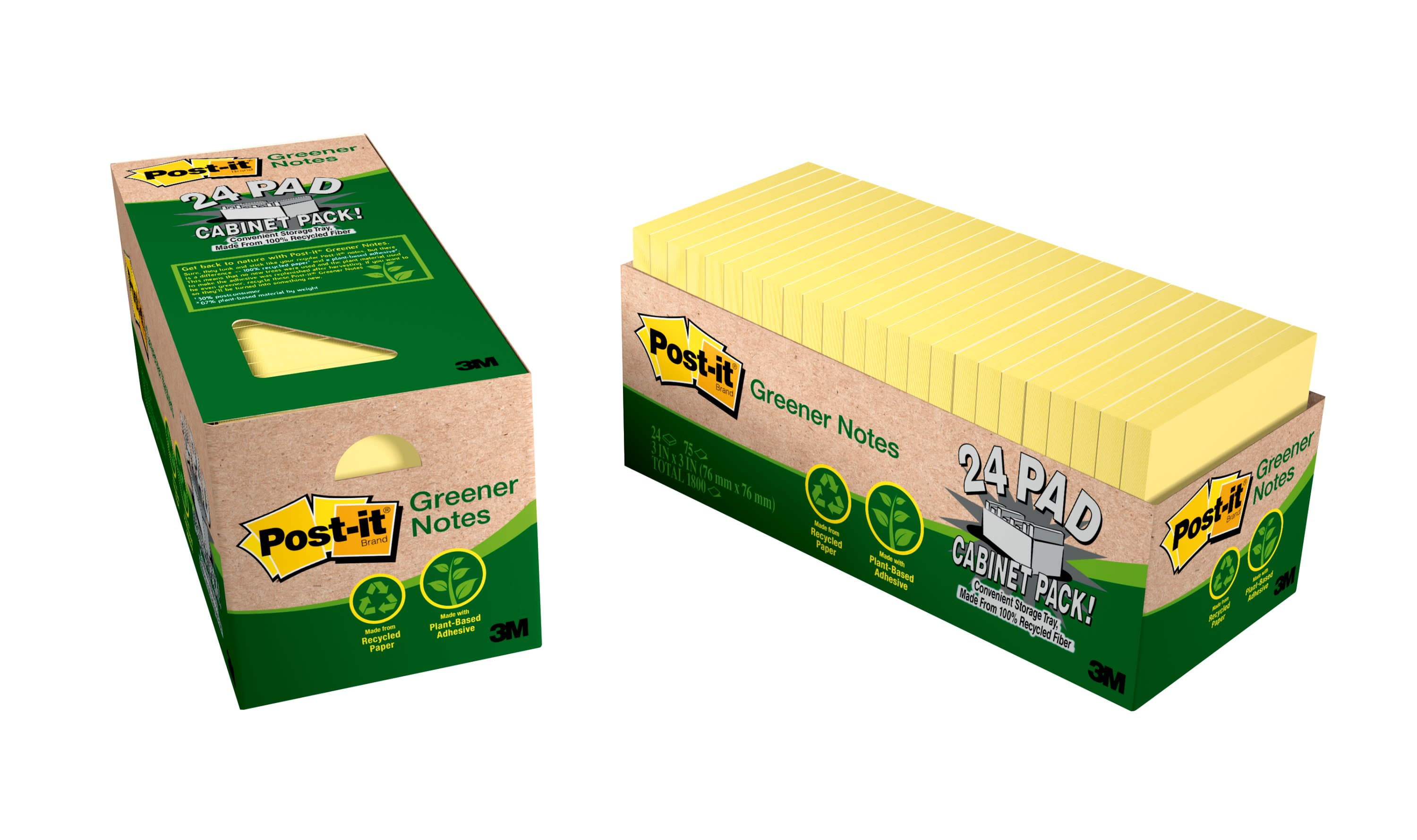 Post-it Greener Recycled Notes Cabinet Pack 24 Pads, Canary Yellow ...