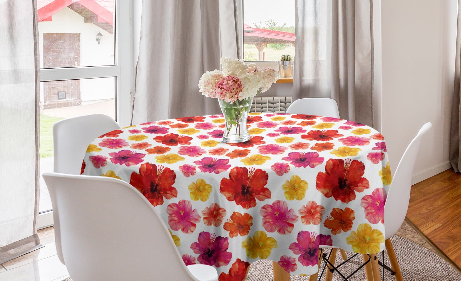 Watercolor Flowers Round Tablecloth, Tropical Paintbrush Style Bloom of ...