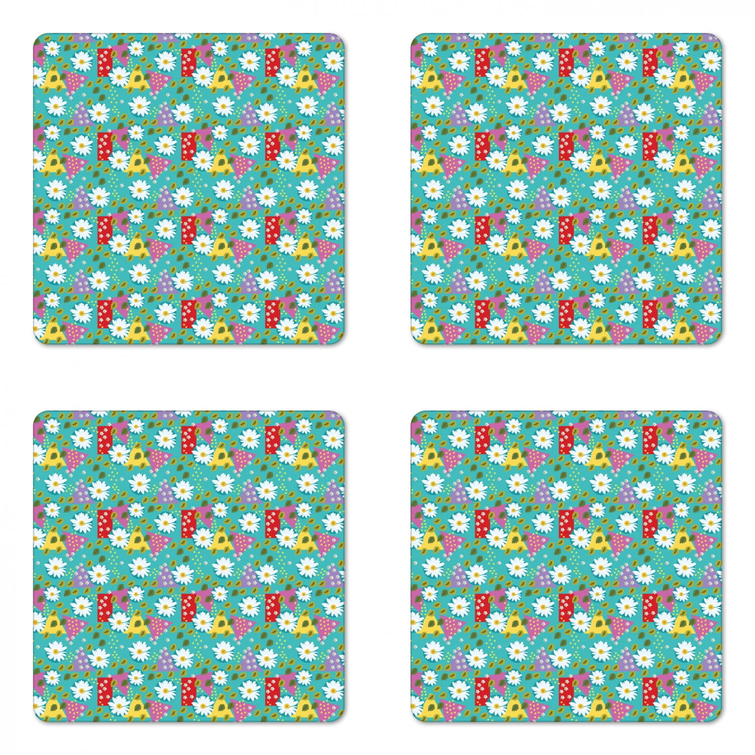 Colorful Coaster Set of 4, Abstract Fresh Botany Theme with Blossoming ...