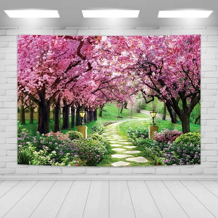 Imirell Cherry Blossom Backdrop 7Wx5H Feet Spring Garden Path Landsacpe ...