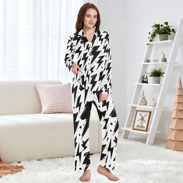 Black Lightning Pattern Women Pajama Set Soft Notch Collar Button Down ...