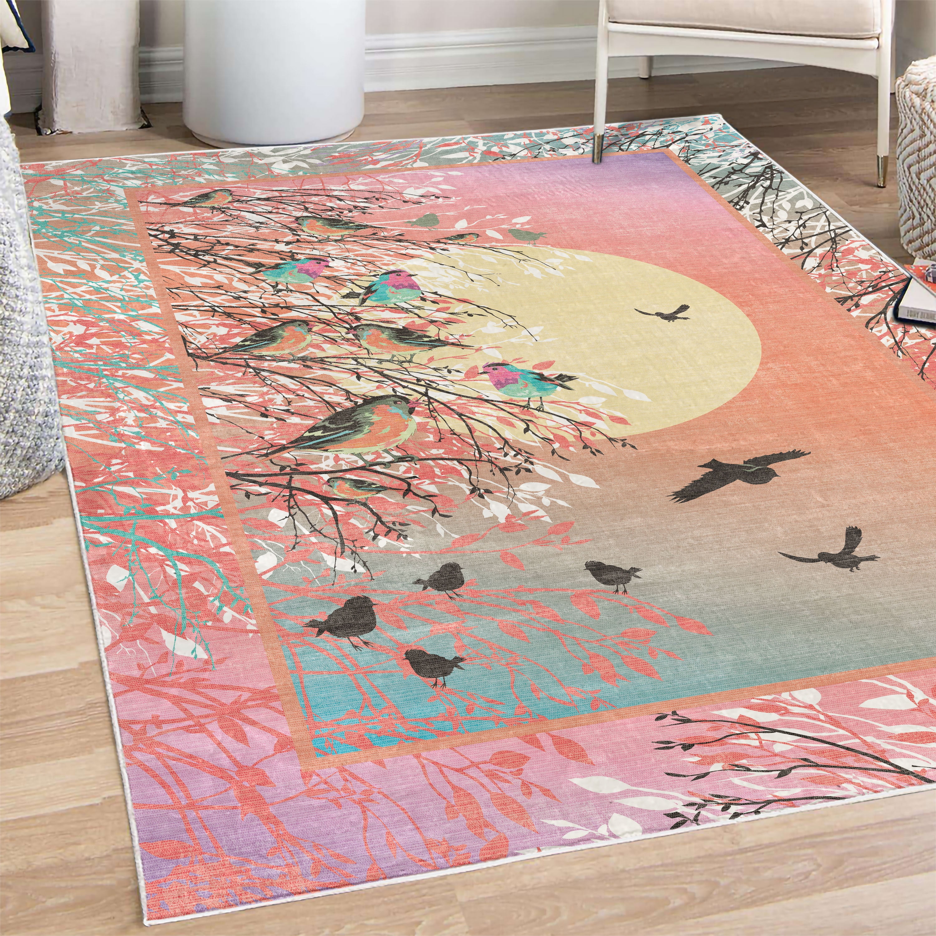 Birds Decorative Rug, Nature Themed Design of Flying Animals on Bare ...