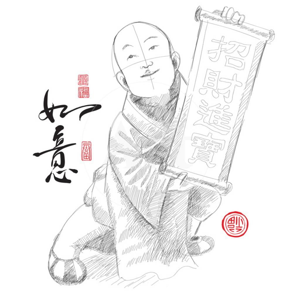 Sketch of Chinese Little Monk Presenting Scroll with Chinese New Year ...