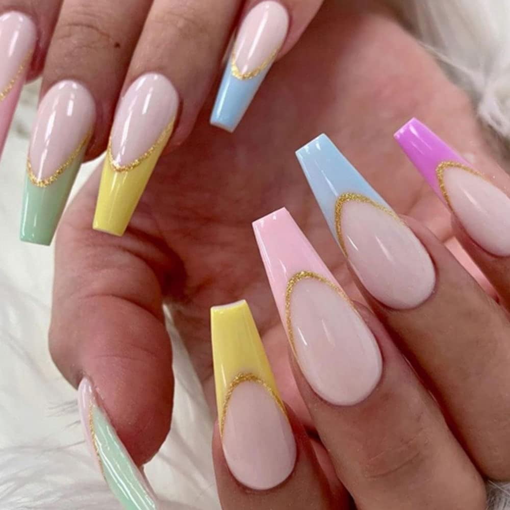 Long Coffin Ballerina Fake False Press On Nails 24 Pcs Natural Nude