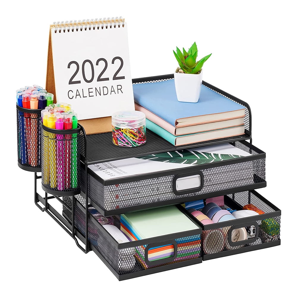 3 Tier Mesh Desk Organizer with Drawer, Multi-Functional Desk ...