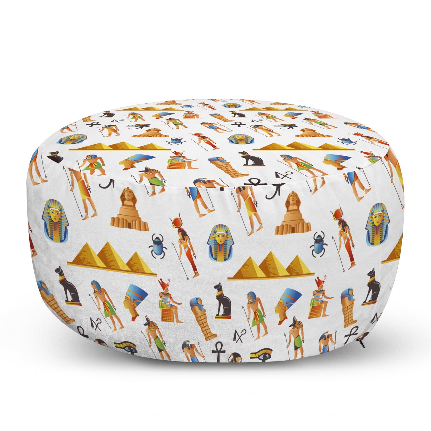 Travel Pouf Cover with Zipper, Egyptian Themed Mythological Signs ...