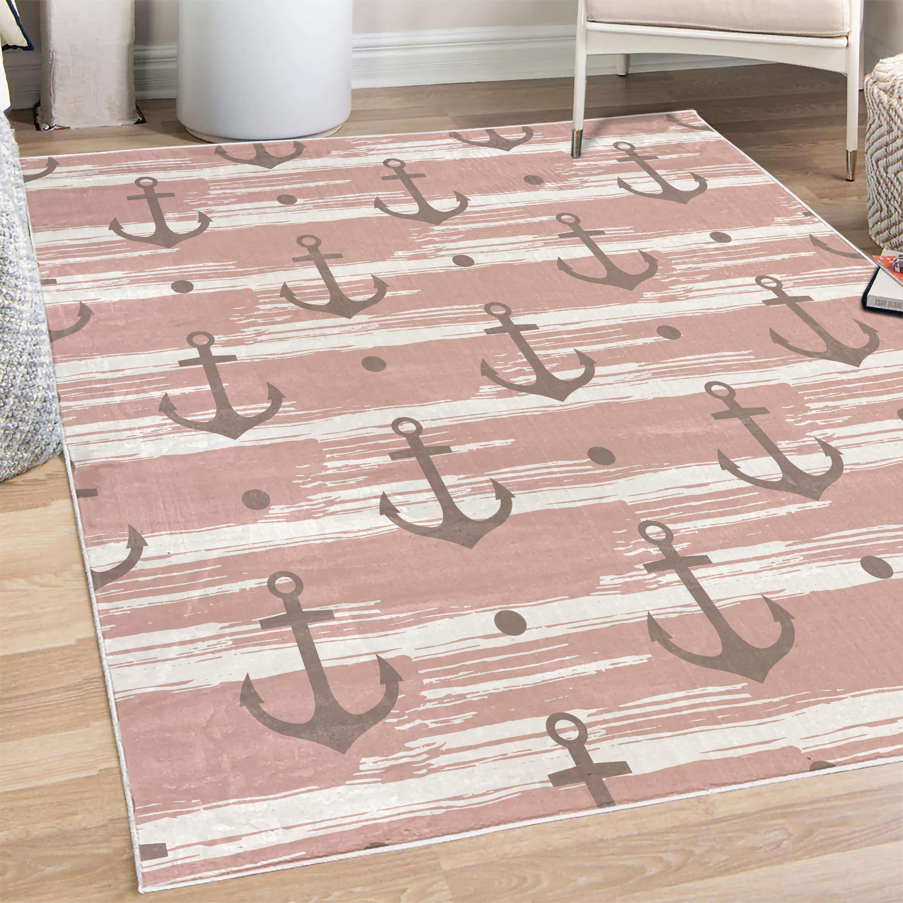 Marine Decorative Rug, Anchors and Skulls Crossed Bones Dots Pirate ...
