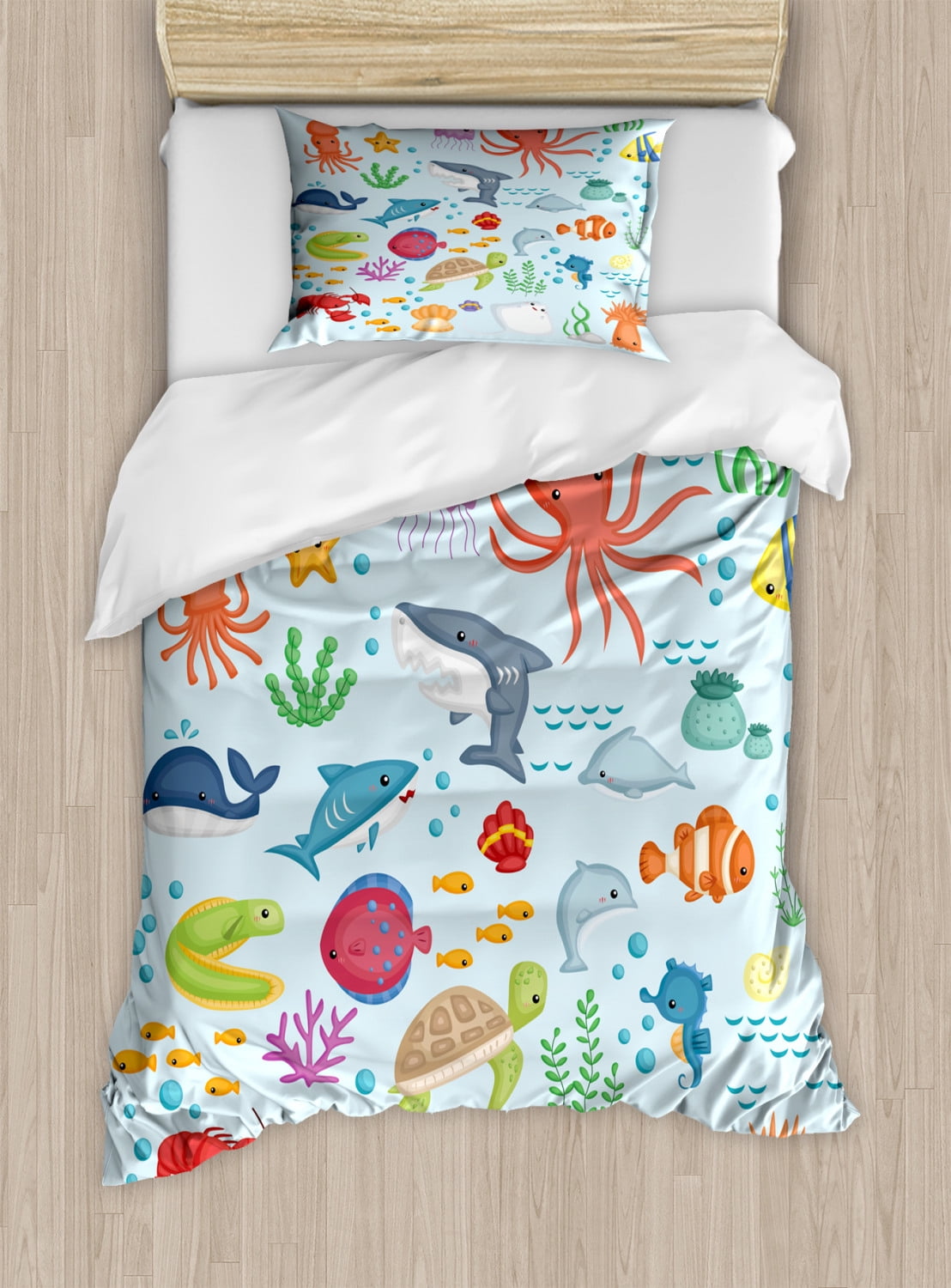 Marine Twin Size Duvet Cover Set, Bunch of Sea Animals Submarine Crabs ...