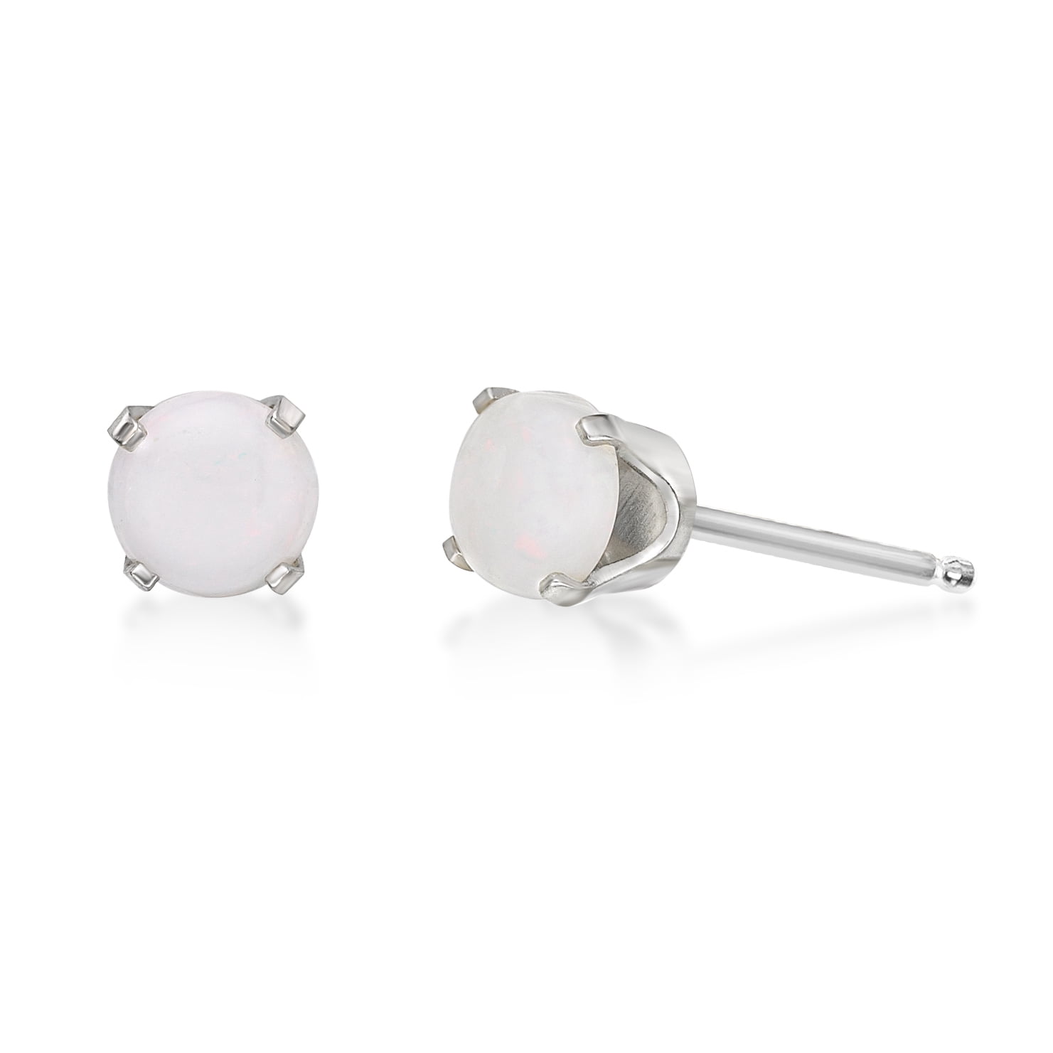 White Opal Round Stud Earrings for Women in 925 Sterling Silver Push ...