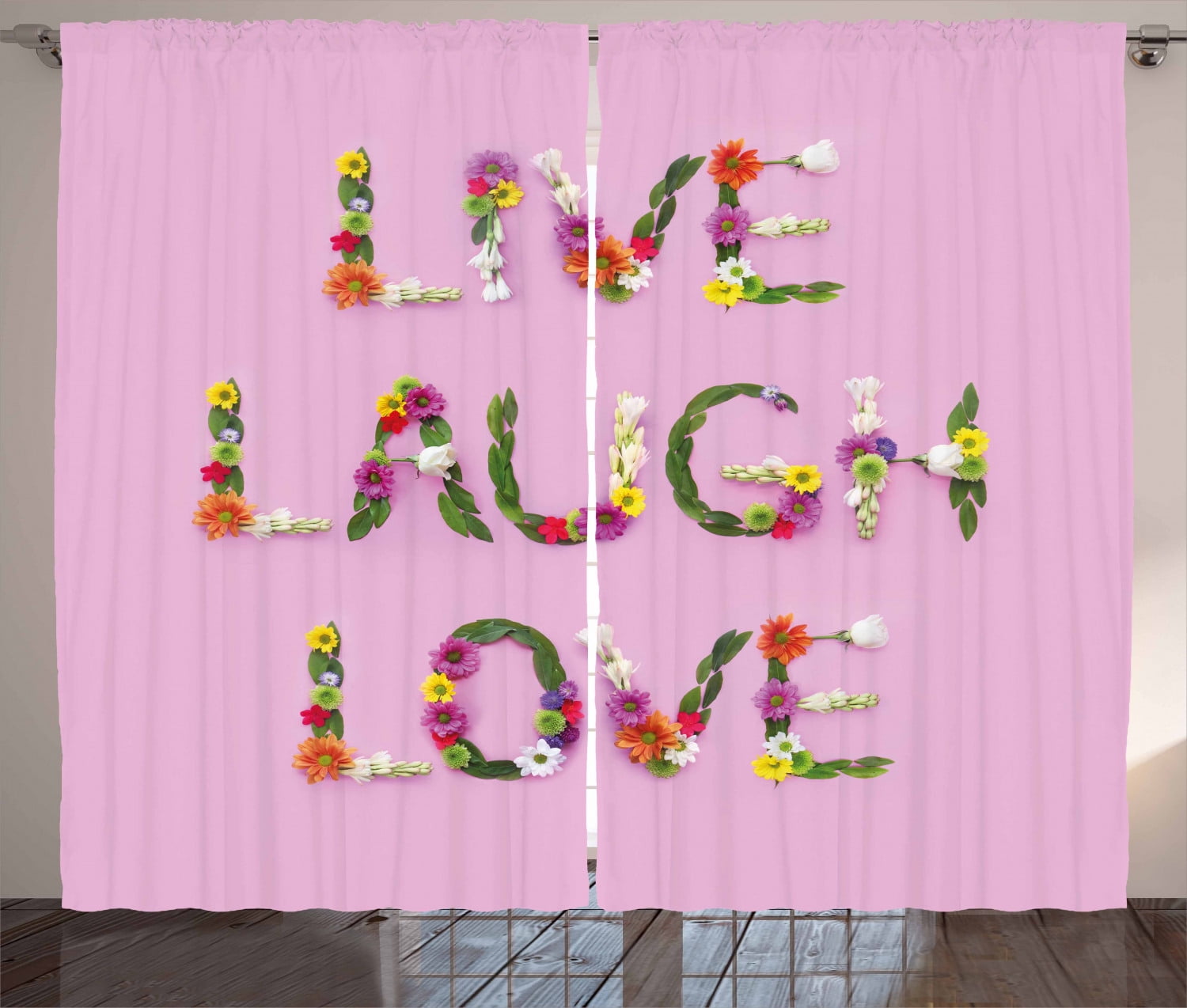 Live Laugh Love Curtains 2 Panels Set, Floral Quote Composition on an ...
