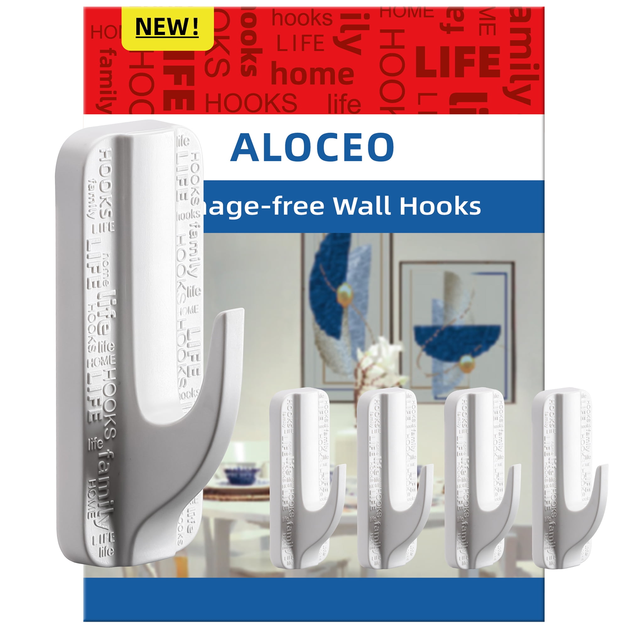 ALOCEO White Plastic Hooks Adhesive Wall Hooks, 5 Hooks and 6 Strips ...