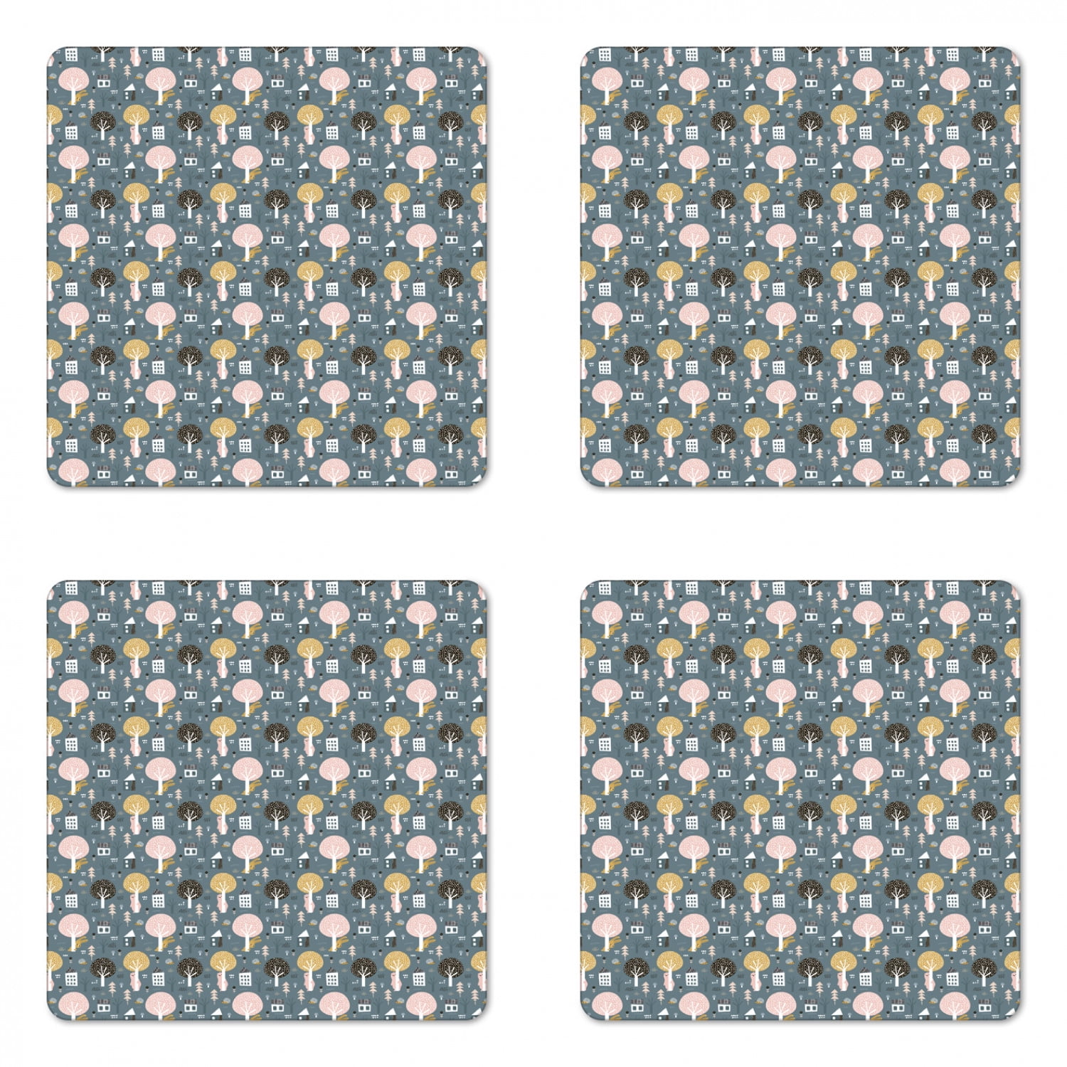 Doodle Coaster Set of 4, Cartoon Bears Bunny Hedgehog Trees and Floral ...