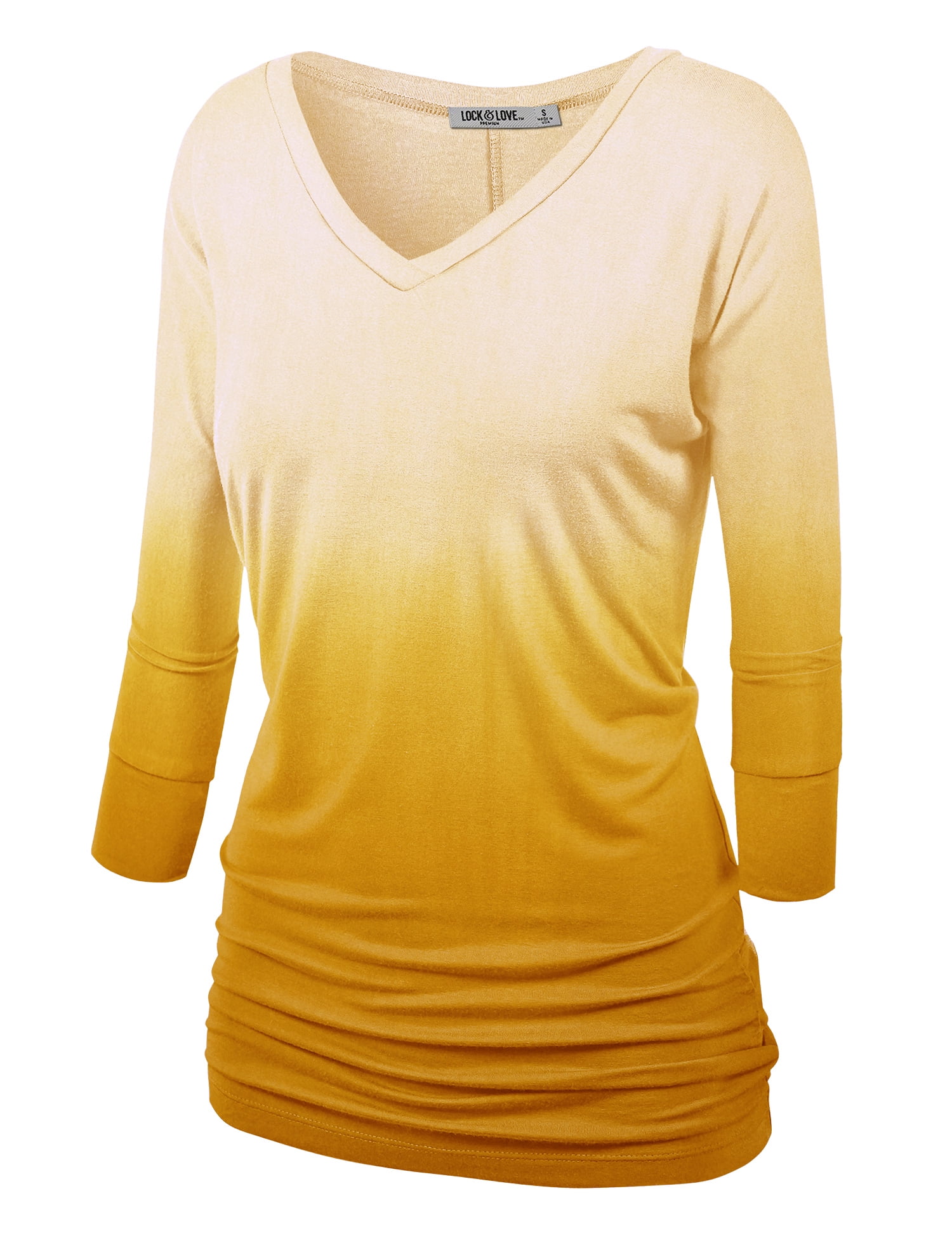 MBJ WT1113 Womens V Neck 3/4 Sleeve Dip Dye Drape Dolman Top with Side ...