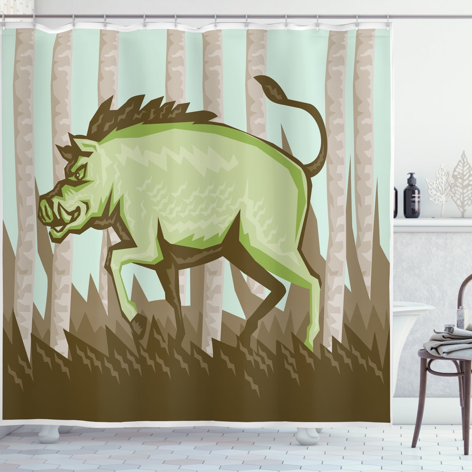 Razorback Shower Curtain, Vintage Woodcut Wild Pig Boar in Woods ...