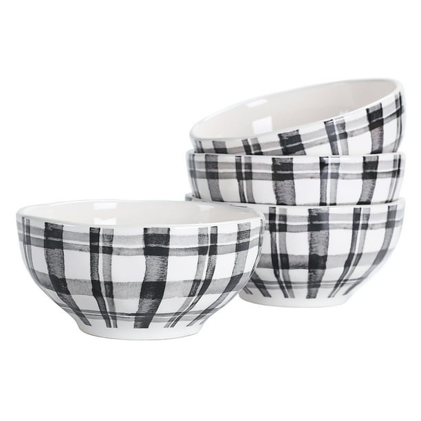 Bico Black and White Plaid Ceramic Cereal Bowls, Set of 4, for Pasta ...