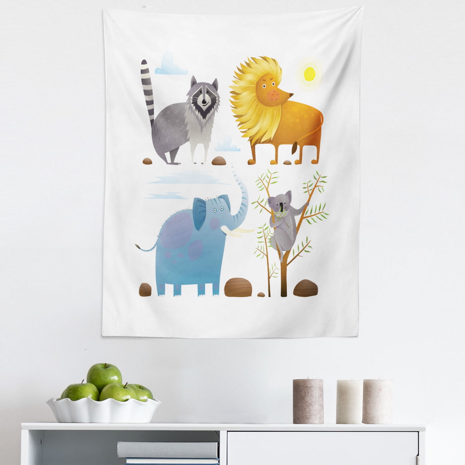 Cartoon Tapestry, Exotic Animals Lion Raccoon and Koala Watercolor ...