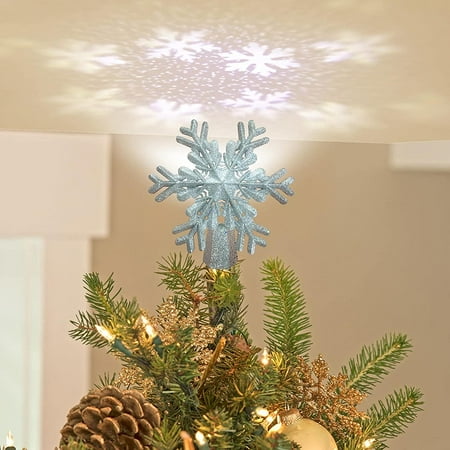 Christmas Tree Topper Lighted with Snowflake Projector, LED Rotating ...