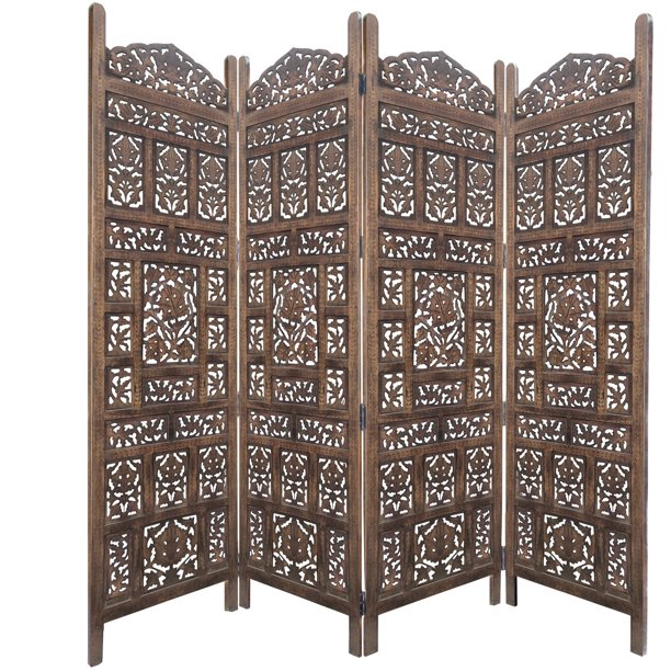 Classic 4 Panel Mango Wood Screen with Intricate Carvings, Brown ...