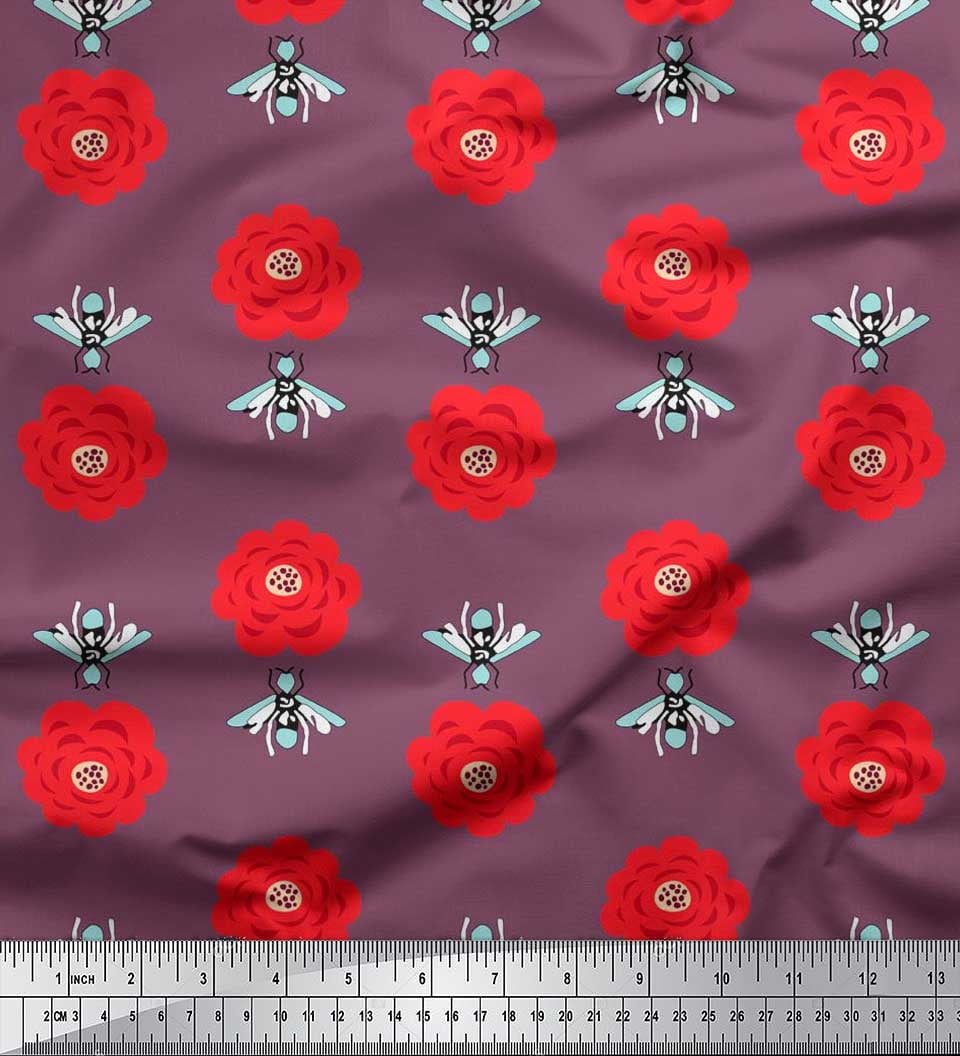 Soimoi Satin Silk Fabric Floral & Bee Insects Print Fabric by Yard 42 ...