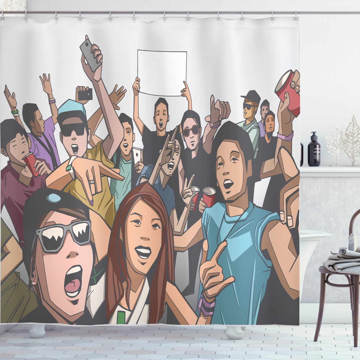 Party Shower Curtain, Cartoon Illustration of Festival Crowd Going ...
