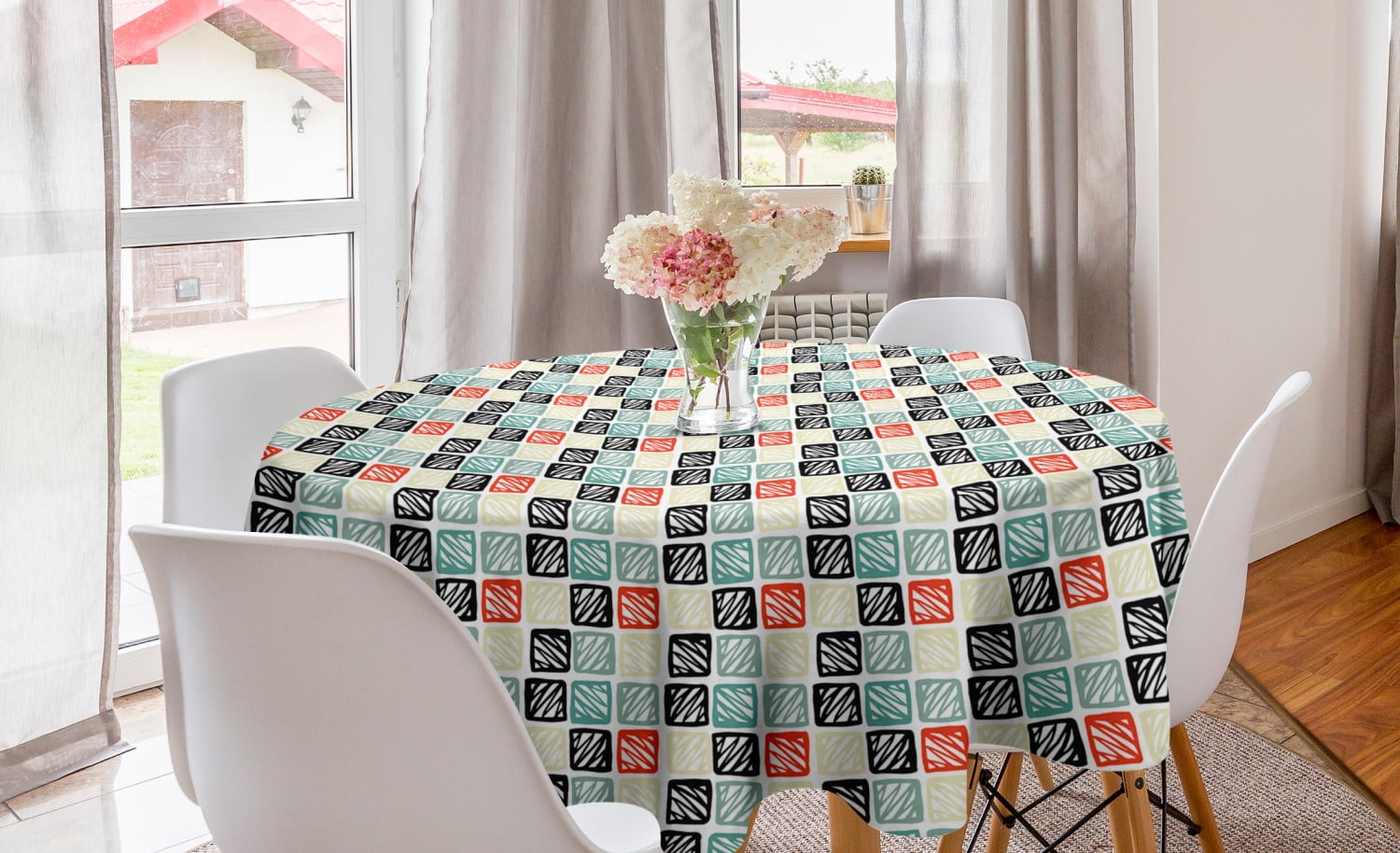 Tribal Round Tablecloth, Hand Drawn Composition of Grid Style Squares ...