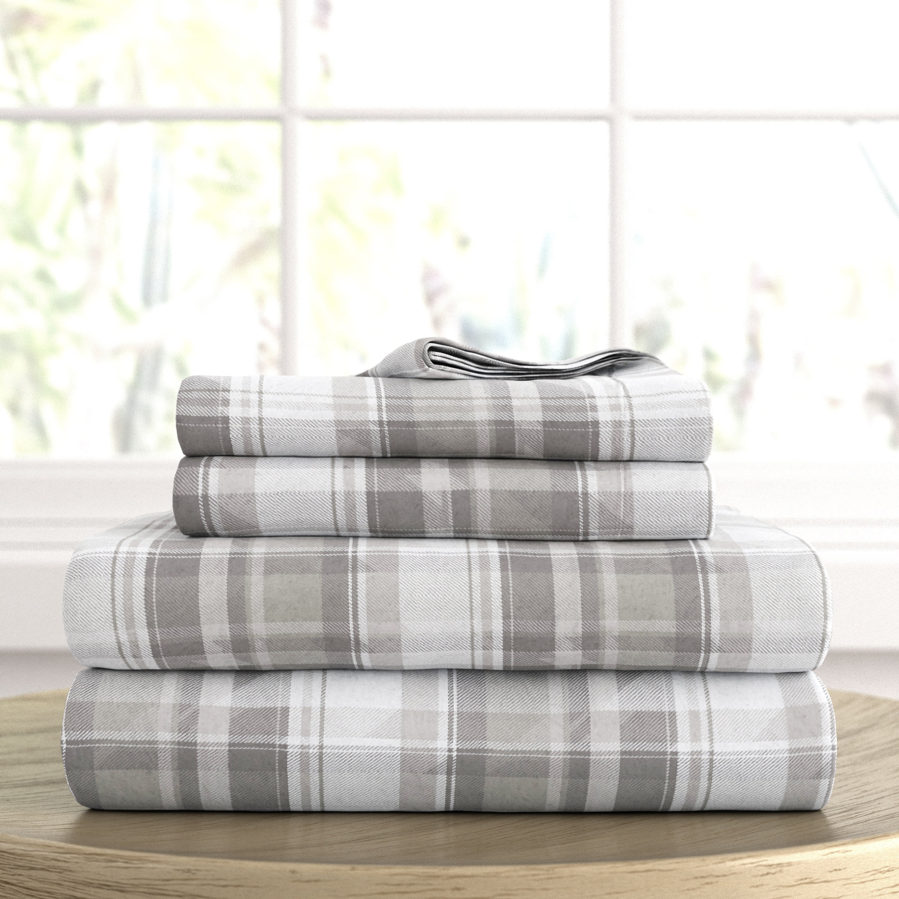 Light Grey Plaid 4 Piece 100% Cotton Flannel Deep Pocket Sheet Set ...