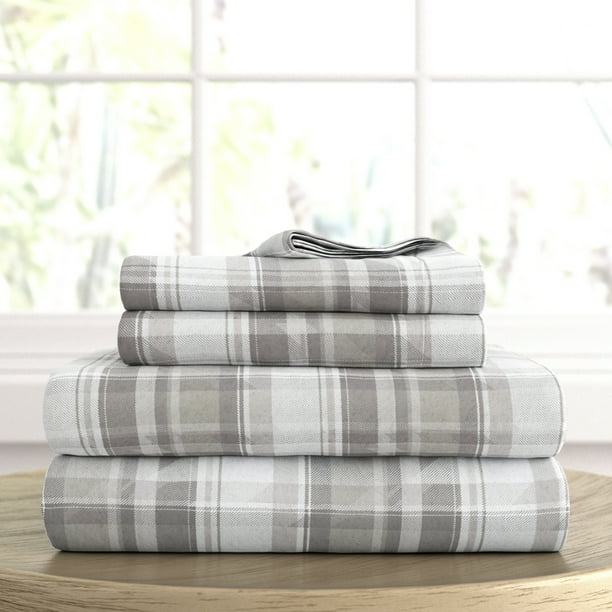 Light Grey Plaid 4 Piece 100% Cotton Flannel Deep Pocket Sheet Set ...