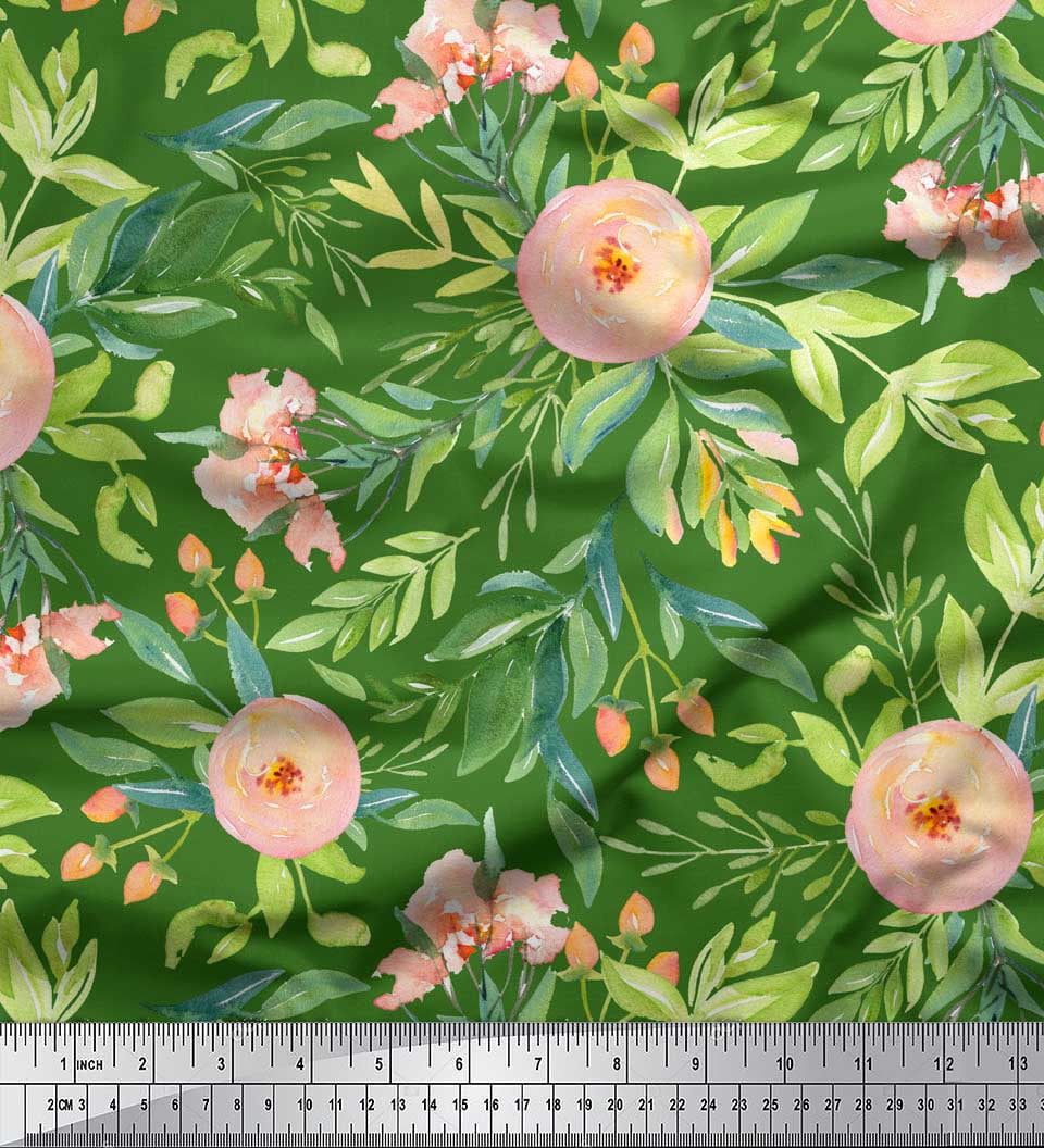 Soimoi Green Modal Satin Fabric Leaves & Ranunculus Floral Print Fabric ...