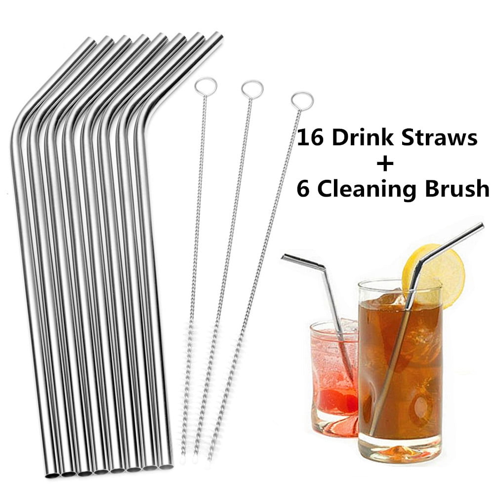 16 Bend Long Stainless Steel Drink Straws 6 Cleaning Brush Kit
