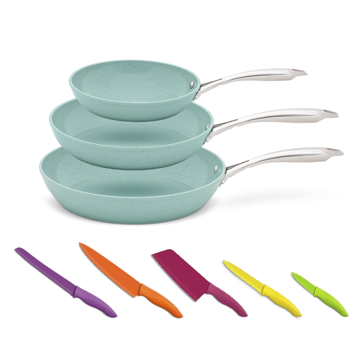 Juego de 3 Sartenes JADE COOK 20 24 y 28 cm con cuchillos multicolor ...