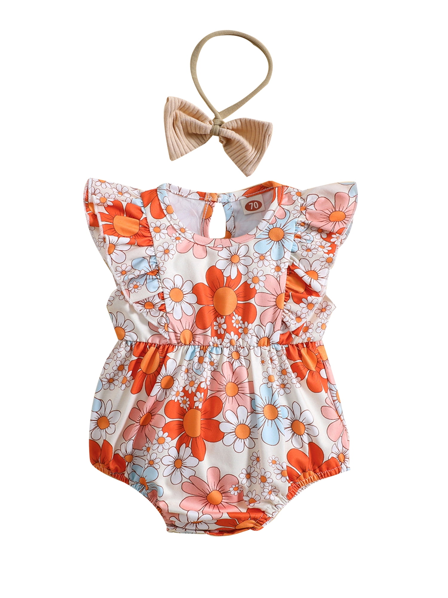Bagilaanoe Newborn Baby Girl Rompers Flower Print Fly Sleeve Bodysuit + Hairband 6M 12M 18M 24M ...