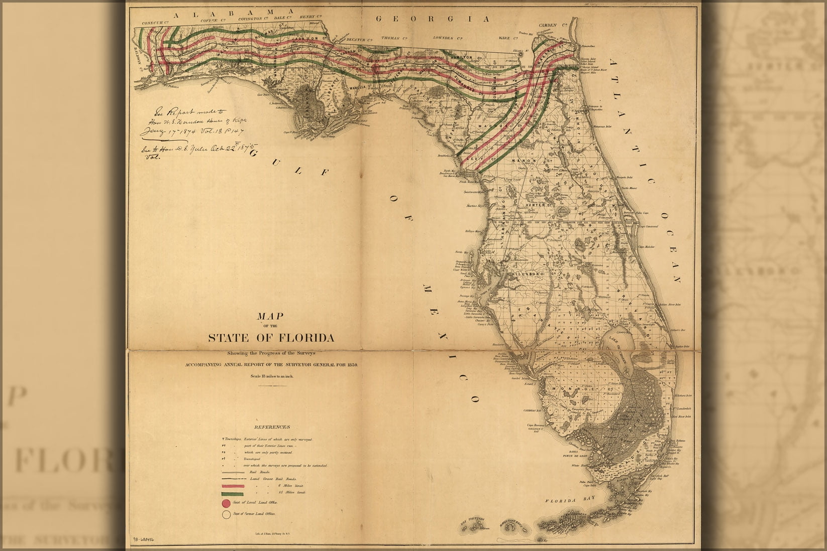 24"x36" Gallery Poster, Map of State of Florida railroad land grants ...