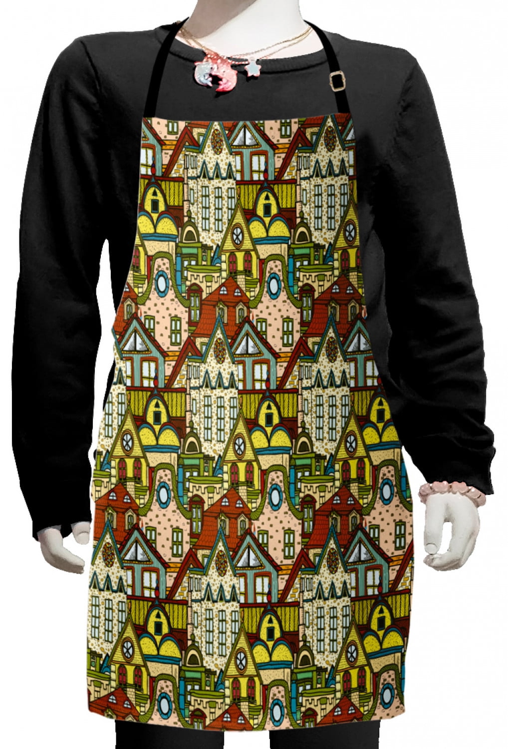Retro Kids Apron, Hand Drawn Old City in Colorful Tones European ...