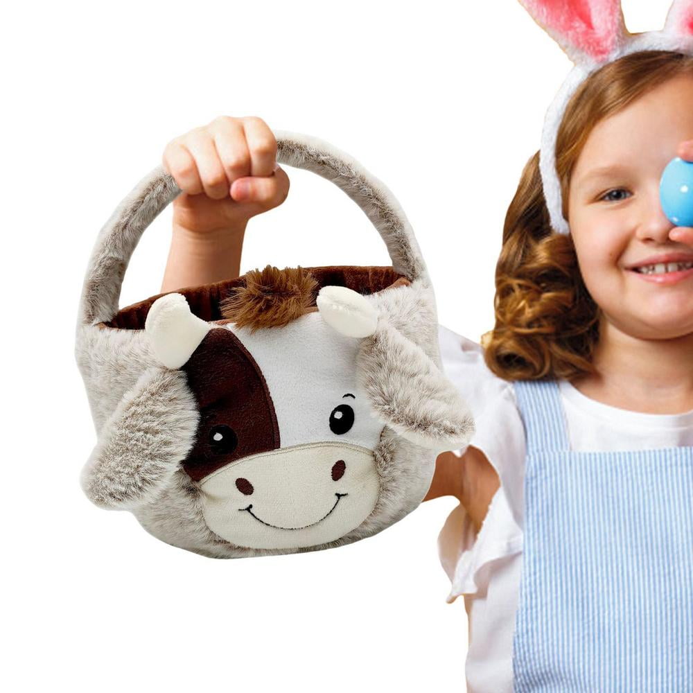 Huoge Cow Easter Basket Plush Furry Critter Easter Basket for Kids Add ...