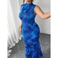 Blue Floral Print High Neck Sleeveless Mermaid Maxi Dress, Slimming ...