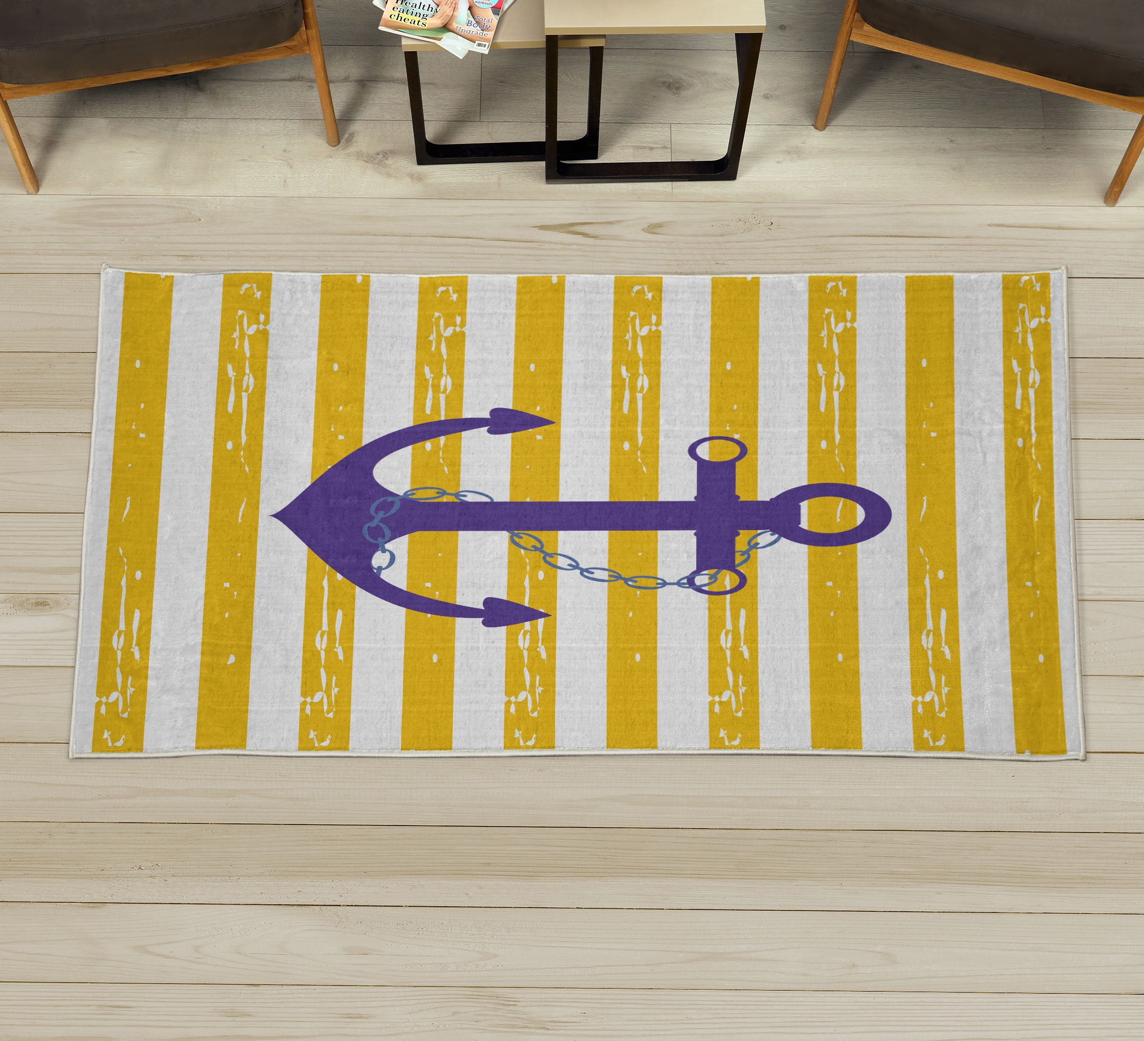 Striped Decorative Rug, Ship Anchor Chain Marine Life Inspired Lines ...