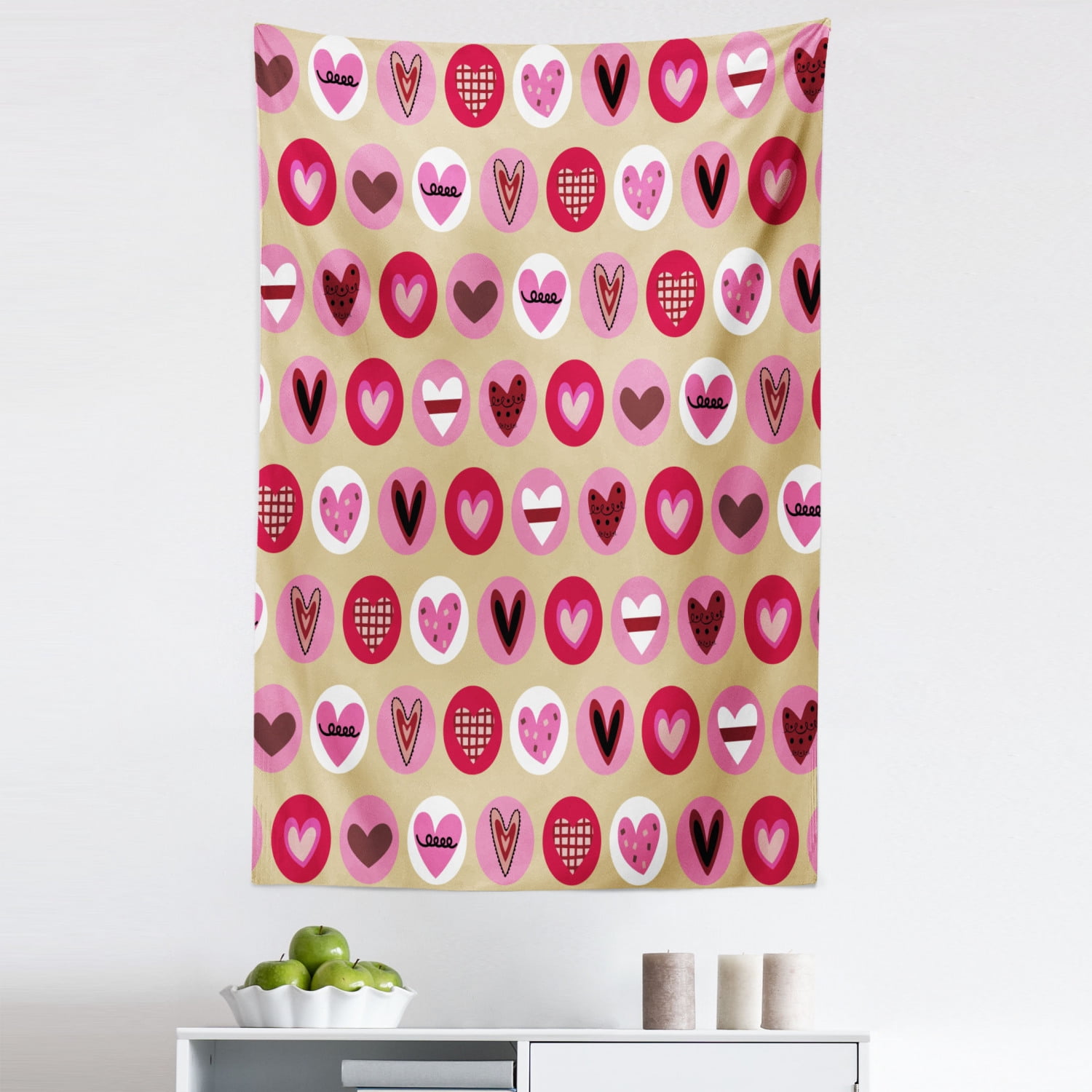 Hearts Tapestry, Cartoon Style Heart Shapes with Dots and Spirals ...